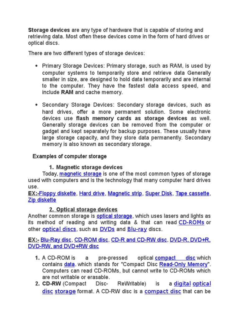 Storage Devices Are Any Type of Hardware That Is Capable of Storing and | PDF | Computer Data ...
