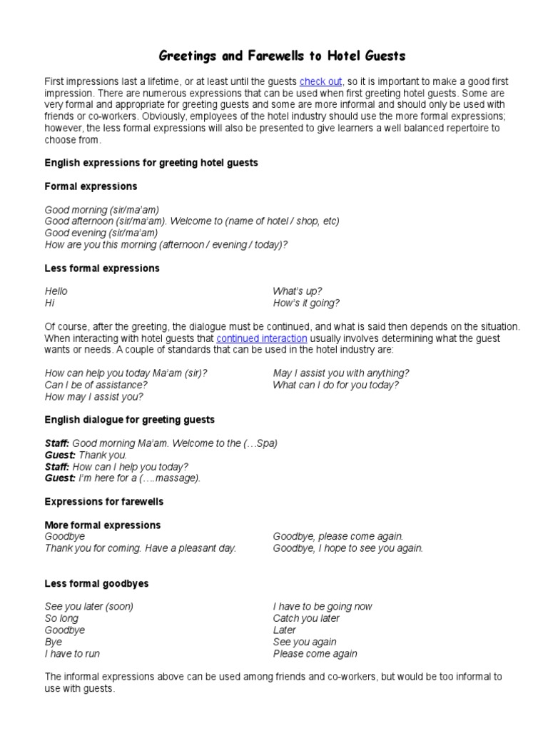 Hotel Guest Greetings and Farewells Guide | PDF | Hotel | Foods