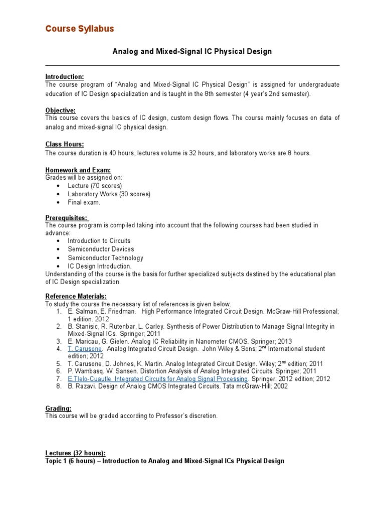 Amsg Ic Physical Design Syllabus 3-13-2015 | PDF | Mosfet | Cmos