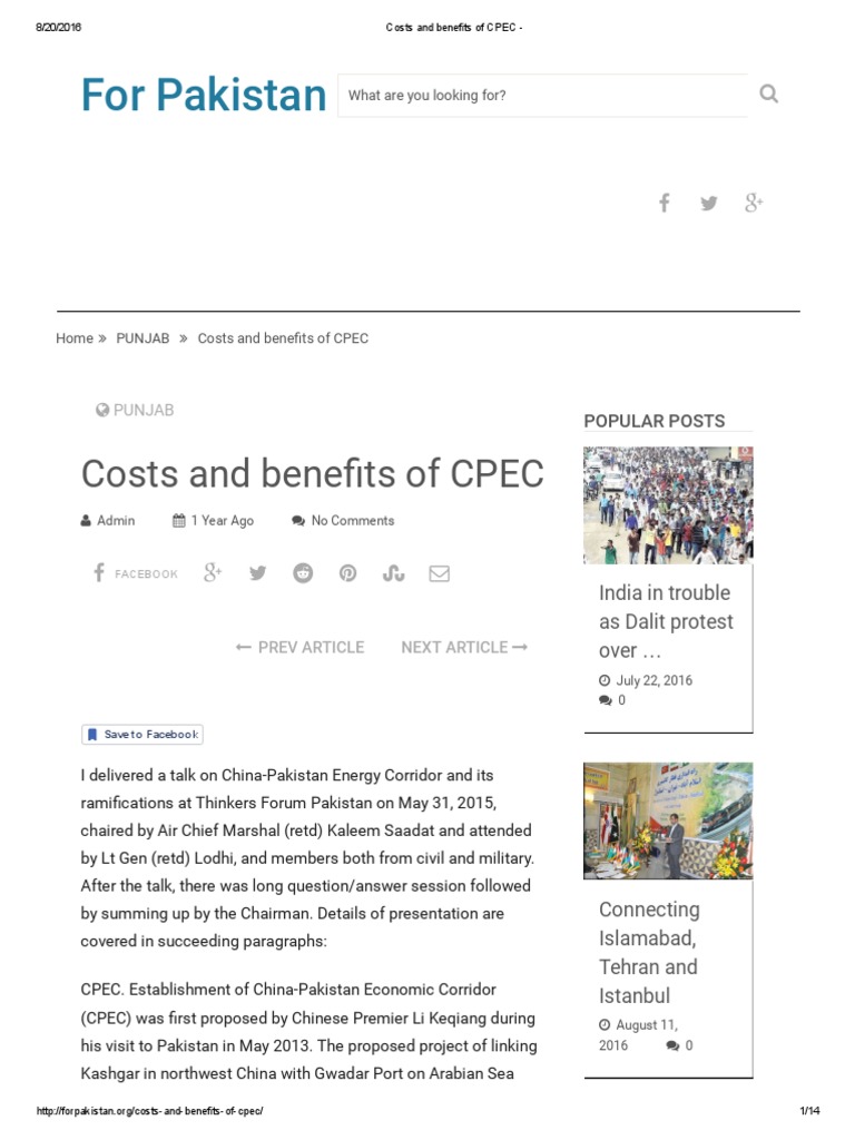 Costs and Benefits of CPEC | Pakistan | China