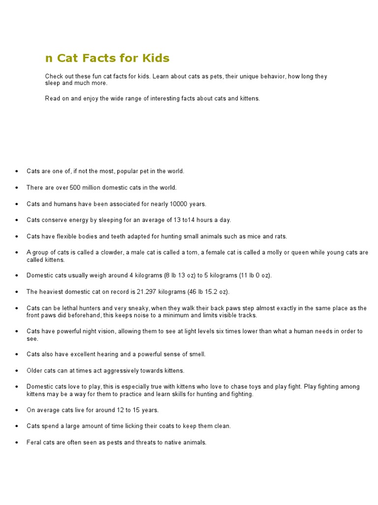 N Cat Facts For Kids | PDF | Kitten | Cats