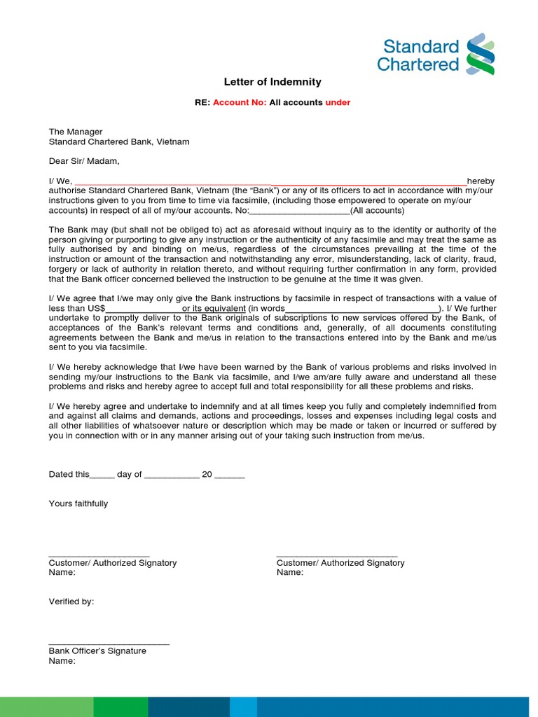Letter of Indemnity: RE: All Accounts | PDF