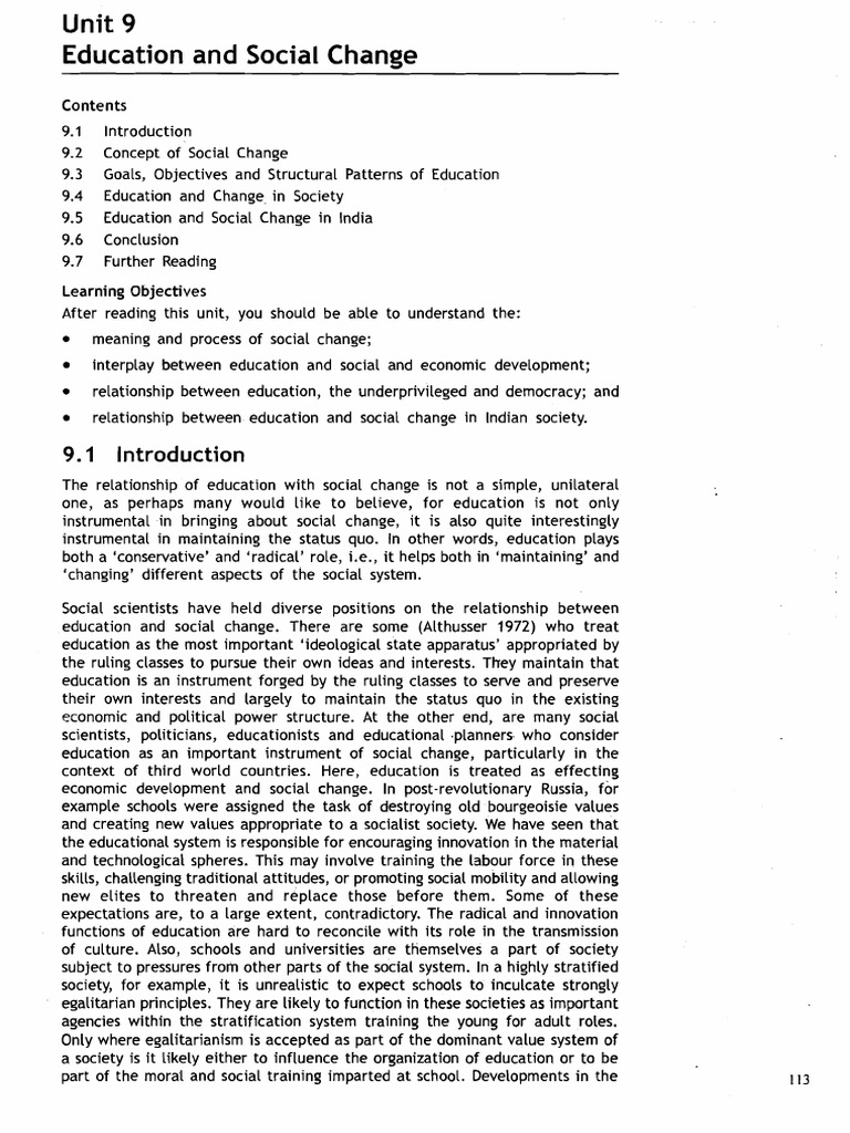 Unit-9 Education and Social Change PDF | PDF | Society | Social ...