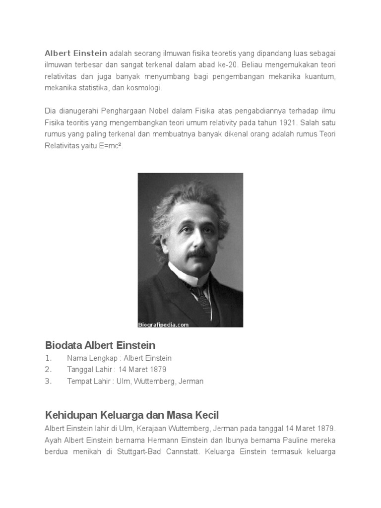Biodata Albert Einstein: Albert Einstein adalah seorang ilmuwan fisika ...