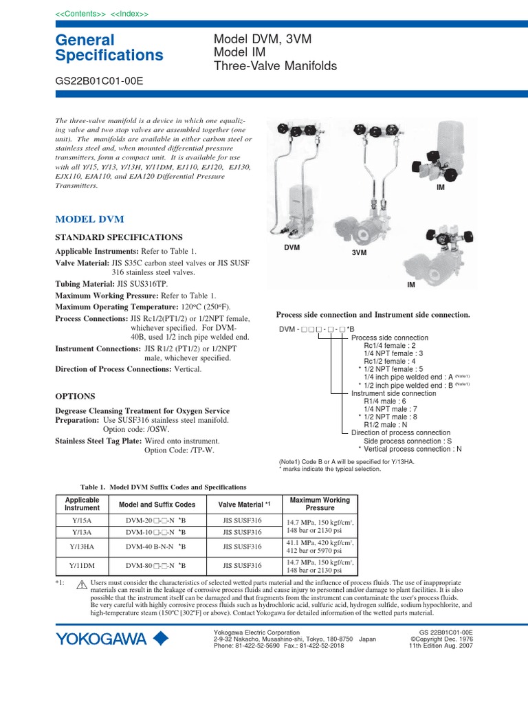General Specifications: Model DVM, 3VM Model IM Three-Valve Manifolds ...