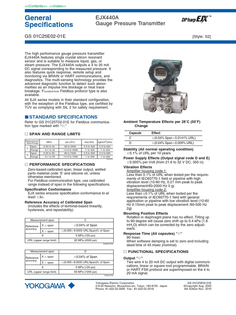 General Specifications: EJX440A Gauge Pressure Transmitter | Download ...