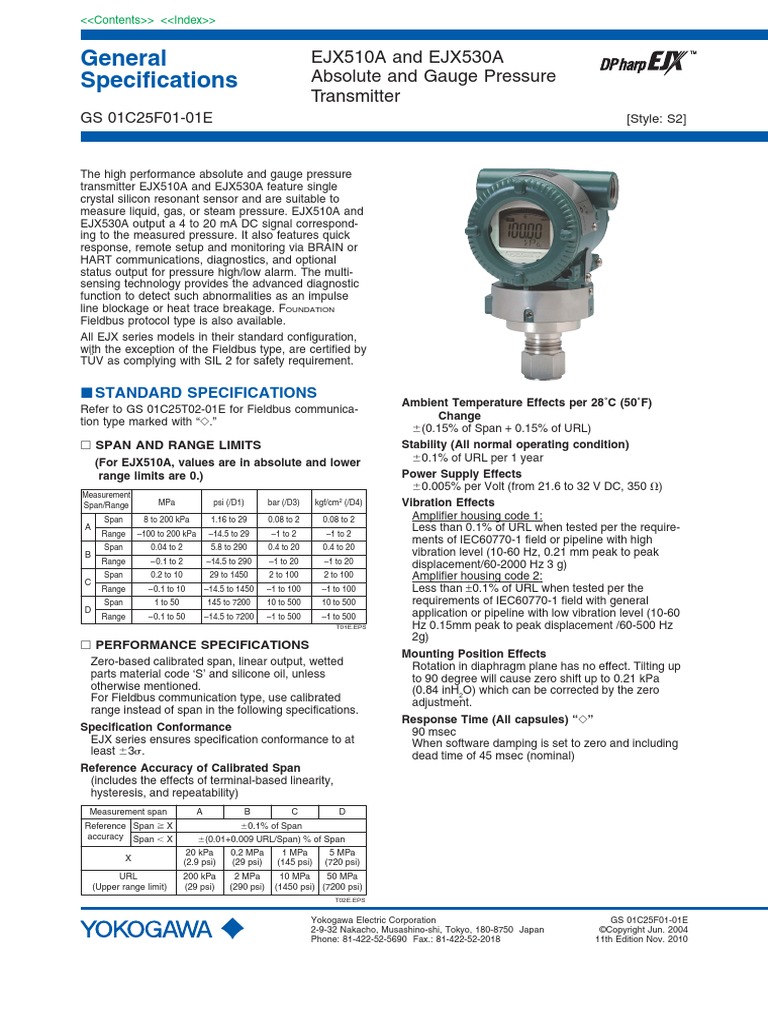 General Specifications: EJX510A and EJX530A Absolute and Gauge Pressure ...