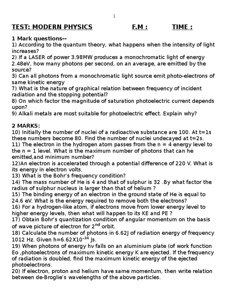 Test: Modern Physics F.M: Time:: 1 Mark Questions | PDF | Photoelectric ...