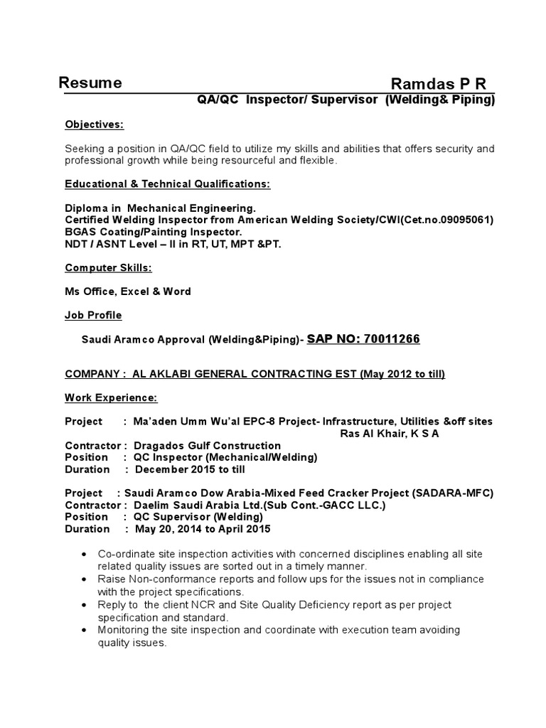 Welding Inspector CV | PDF | Pipe (Fluid Conveyance) | Specification ...