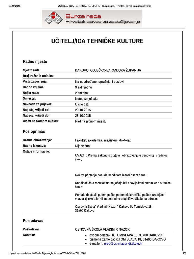 UČITELJ-ICA TEHNIČKE KULTURE - Burza Rada, Hrvatski Zavod Za ...