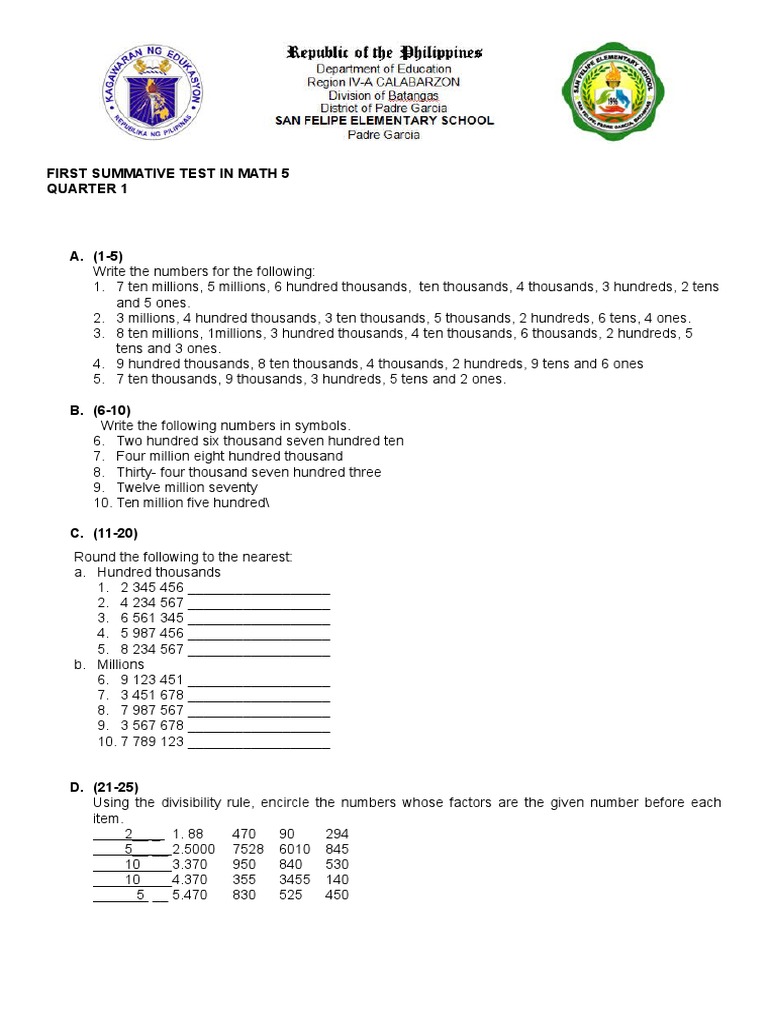 First Summative Test in Math 5