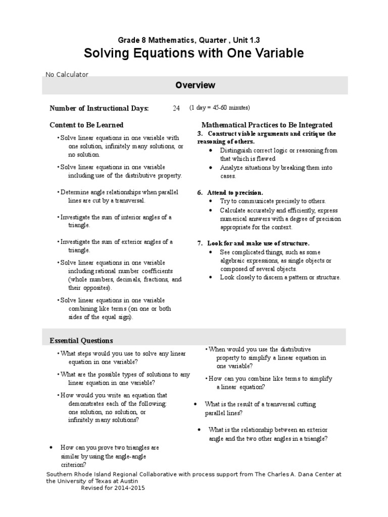 Solving Equations With One Variable: Grade 8 Mathematics, Quarter, Unit ...