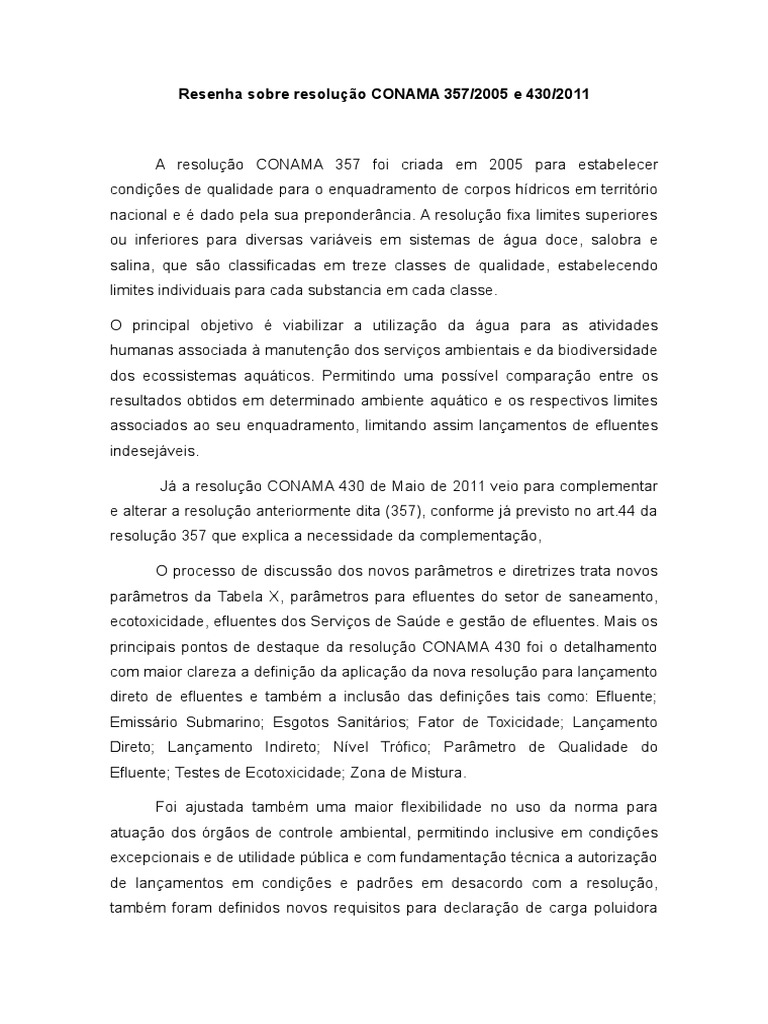 Resenha Sobre Resolução CONAMA 357 | PDF | Águas residuais | Efluente