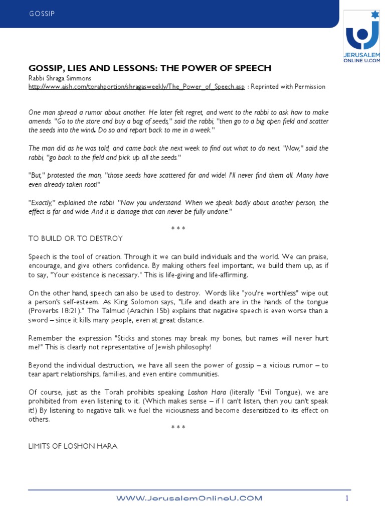 Gossip, Lies and Lessons: The Power of Speech: Rabbi Shraga Simmons ...