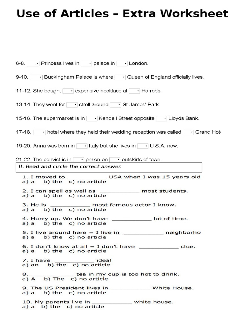 Articles Usage Practice Worksheet | PDF