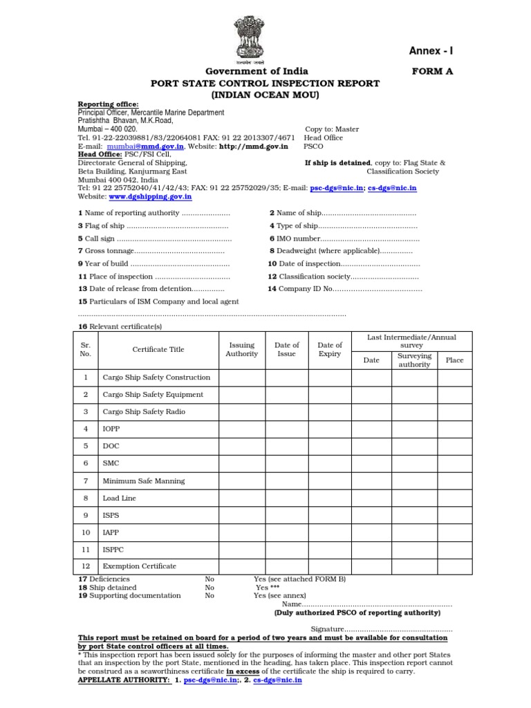Government of India Form A Port State Control Inspection Report (Indian ...