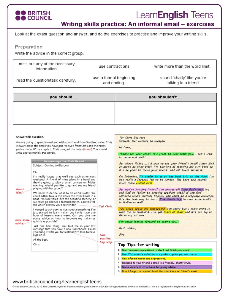 Writing Skills Practice: An Informal Email - Exercises: Preparation ...