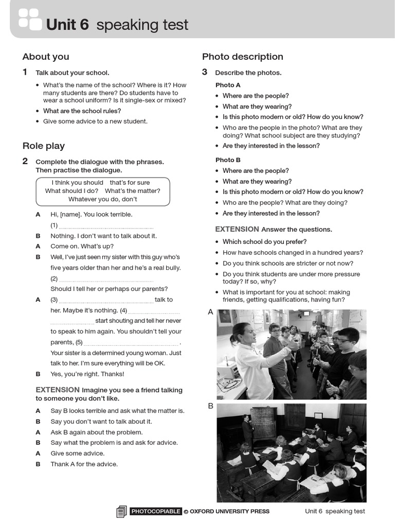 Unit 6 Speaking Test: About You Photo Description | PDF