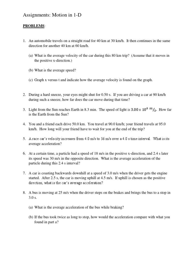 Assignments 2.1 - Motion in 1D | PDF | Acceleration | Speed