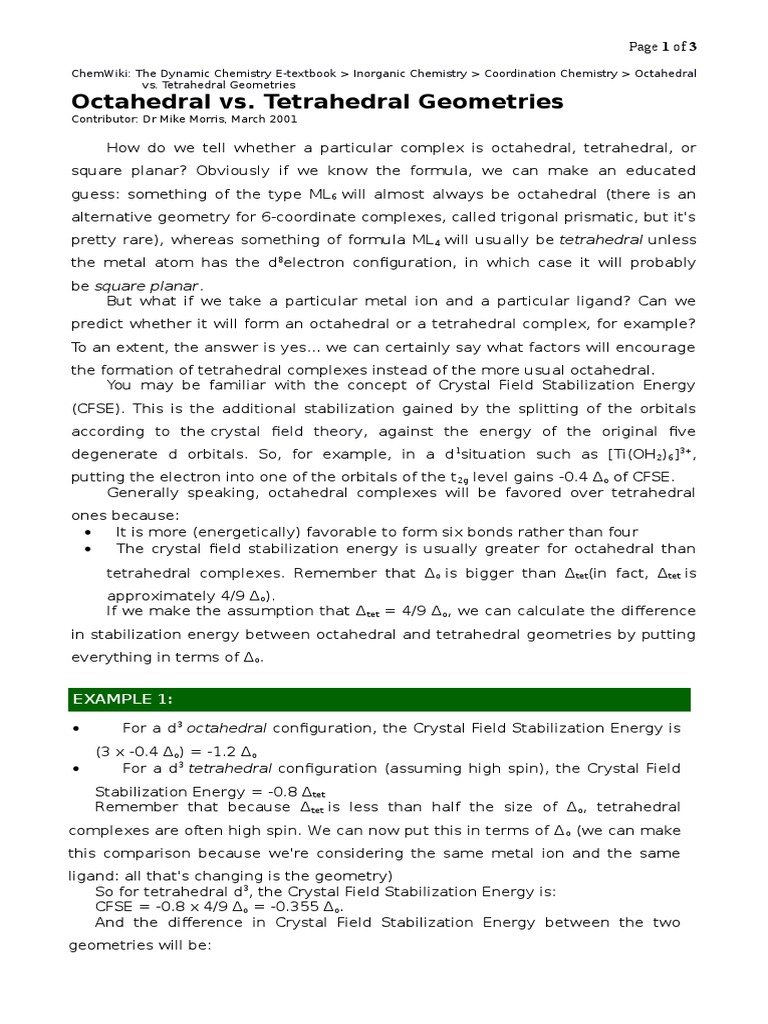 Octahedral vs. Tetrahedral Geometries | PDF | Coordination Complex ...