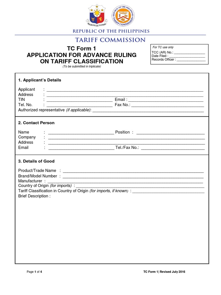 TC Form 1 21 July 2016 PDF | PDF | Exports | Tariff