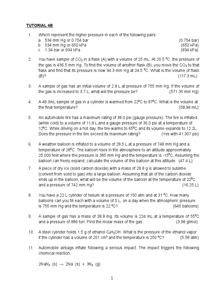 TUTORIAL 4B Student | PDF | Gases | Solution