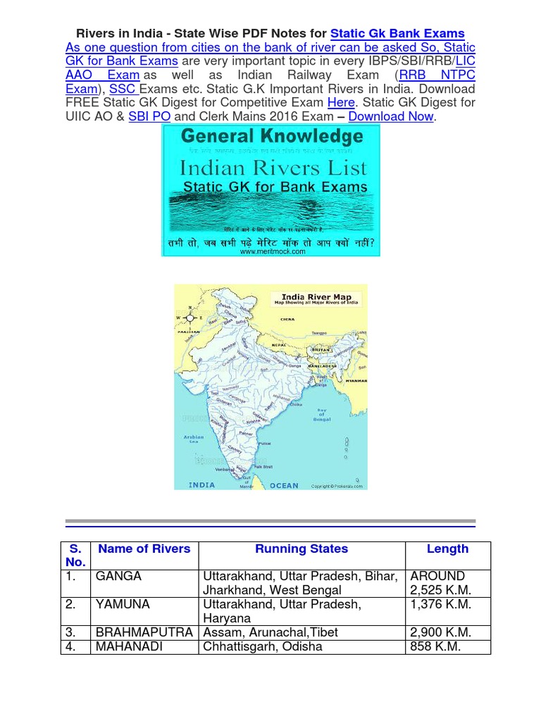 Rivers in India - State Wise PDF Notes For Static GK Bank Exams | PDF ...