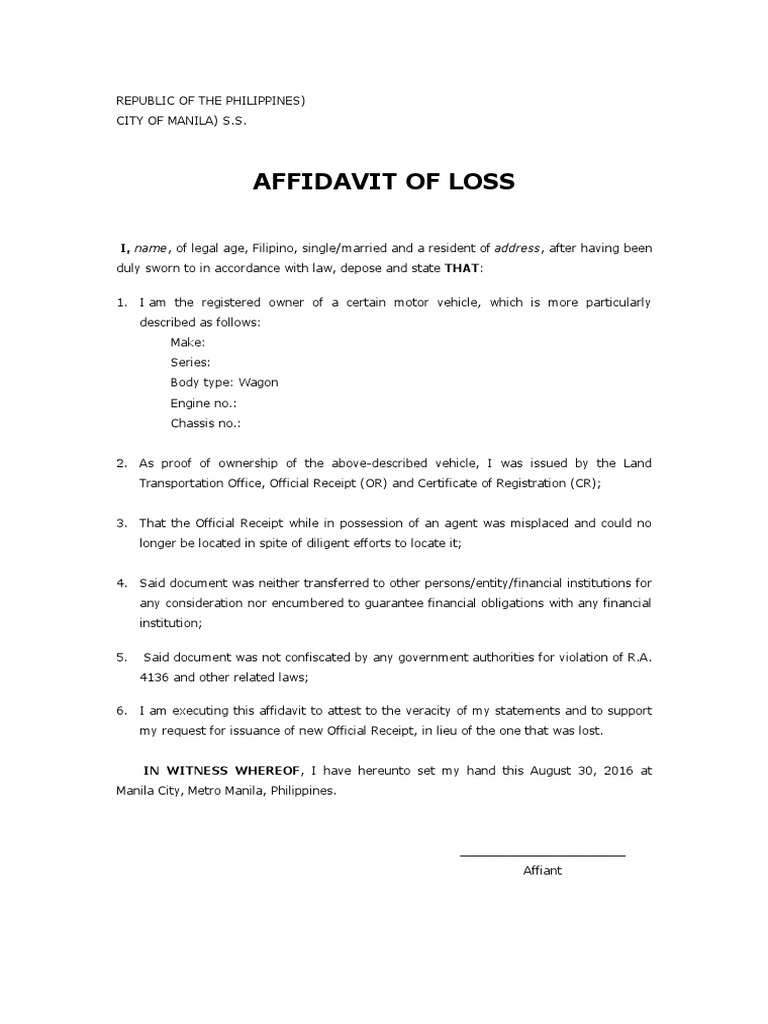 Affidavit of Loss of OR-CR | PDF | Affidavit | Civil Law (Common Law)