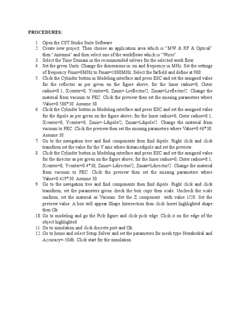 CST Procedures (Yagi Uda Antenna) | PDF