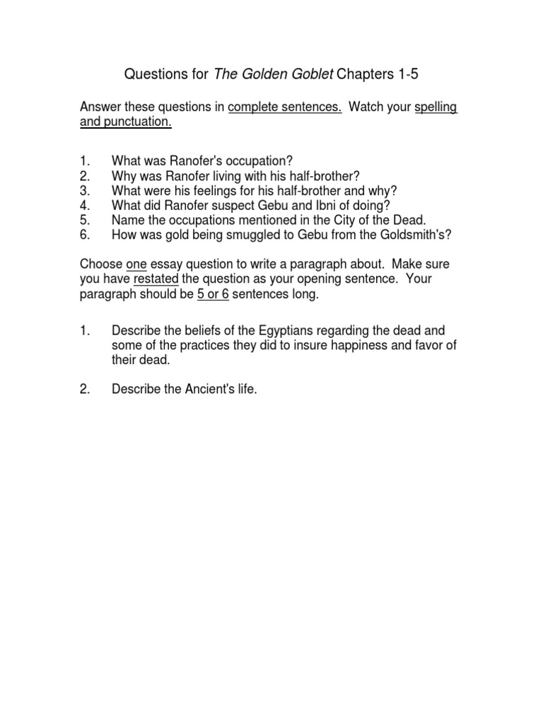 Questions For The Golden Goblet Chapters 1-5 | PDF | Language Arts ...