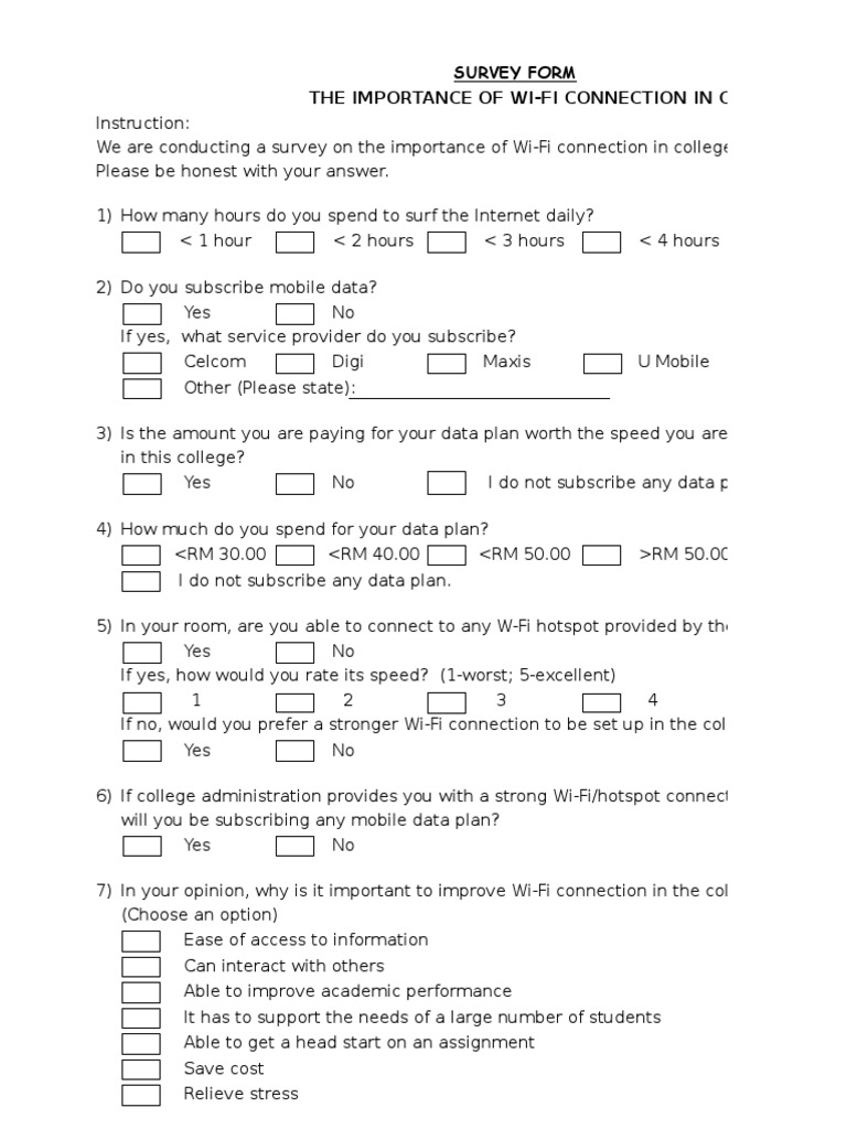 The Importance of Wi-Fi Connection in College Survey Form | PDF