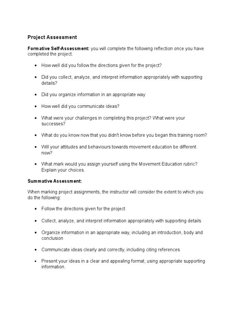 Project Assessment: Formative Self-Assessment: You Will Complete The ...