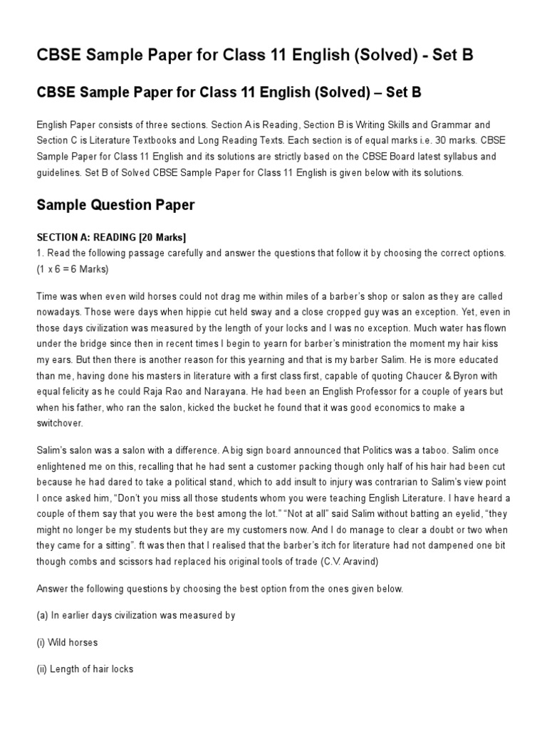 CBSE Sample Paper For Class 11 English (Solved) - Set B | PDF ...
