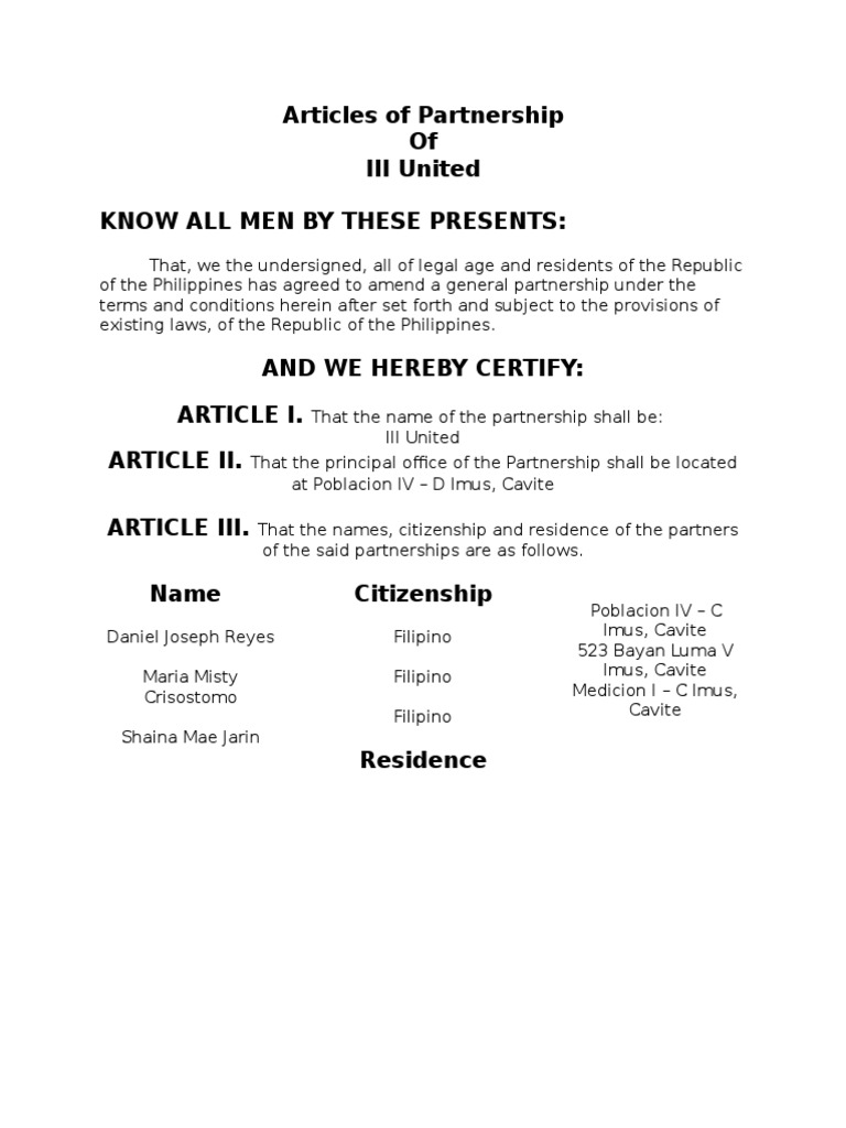 Articles of Partnership | PDF | Government | Social Institutions