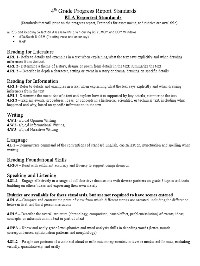 4th Grade ELA Progress Report Standards | PDF | Language Arts & Discipline