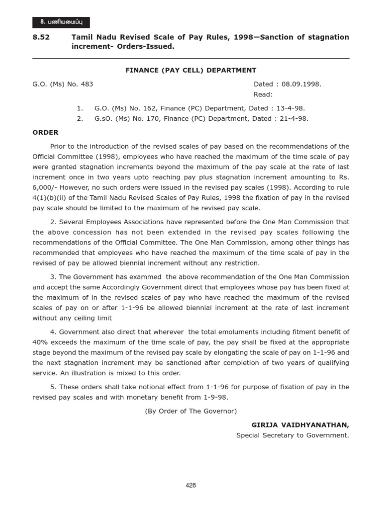 8.52 Tamil Nadu Revised Scale of Pay Rules, 1998-Sanction of Stagnation increment-Orders-Issued ...