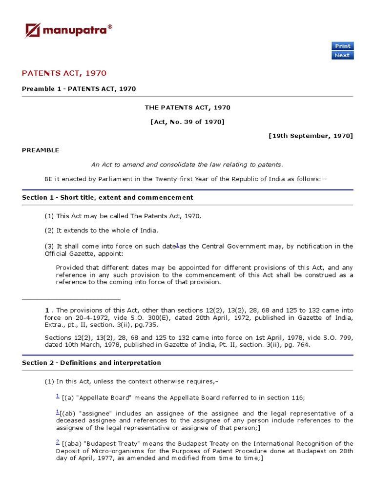 Patents Act, 1970 PDF | PDF | Patent Application | Glossary Of Patent Law Terms