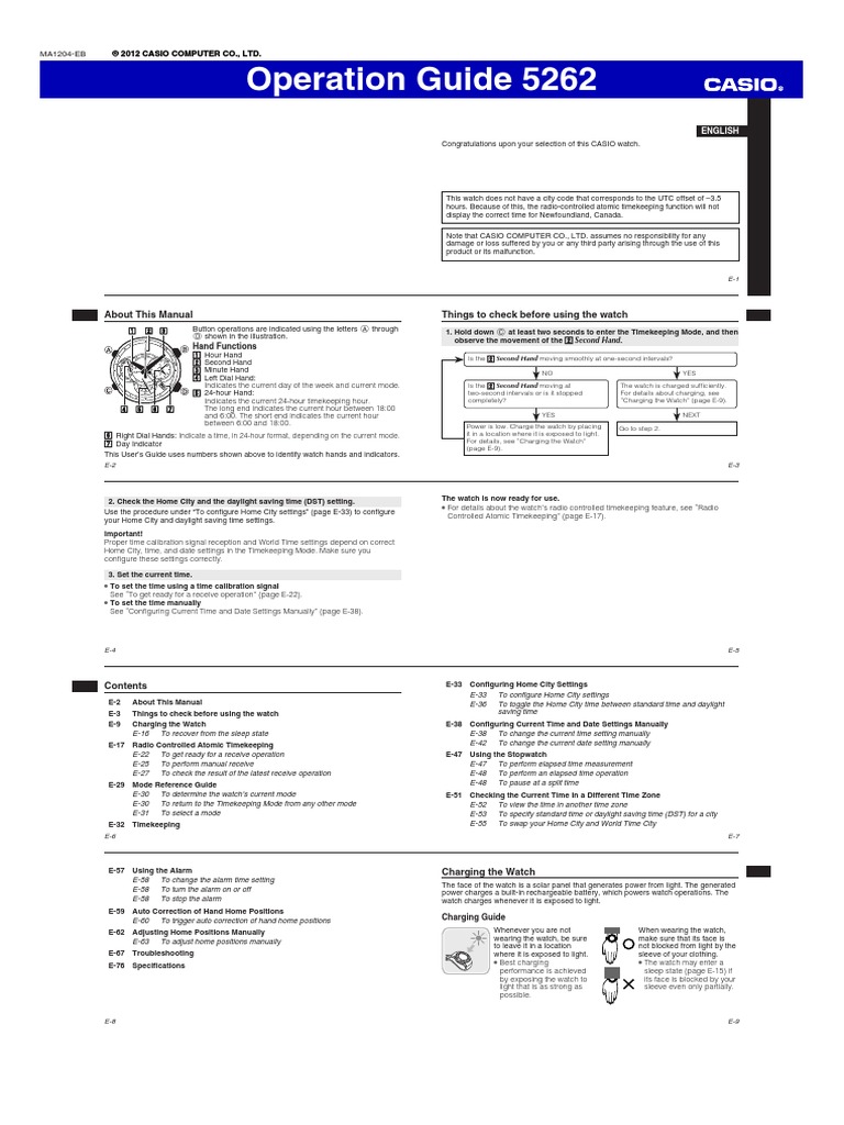 Operation Guide 5262: Things To Check Before Using The Watch About This ...