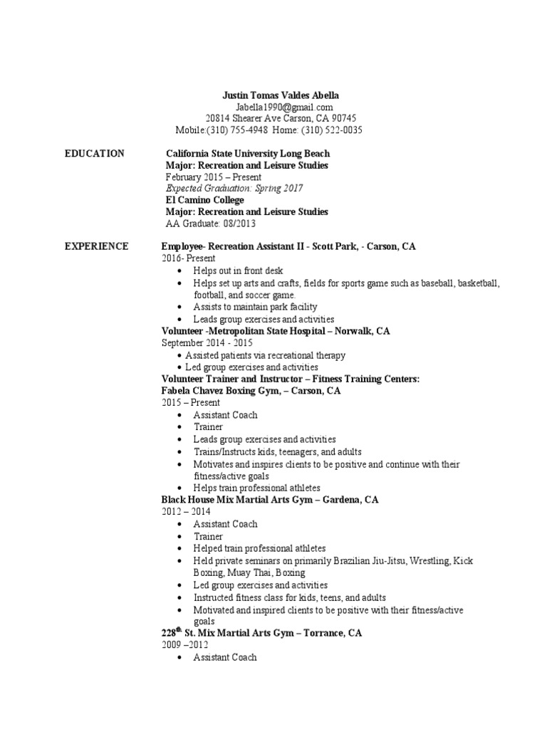Justin Resume | PDF | Personal Trainer | Hobbies