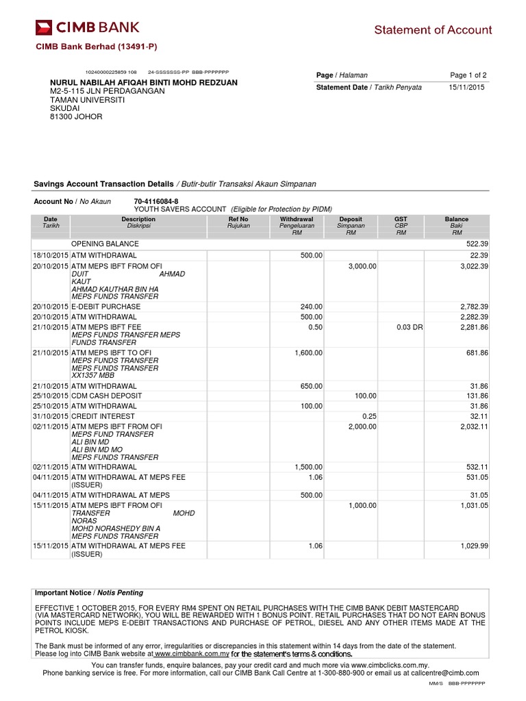 CIMB Bank Savings Account Statement | PDF | Credit Card | Banking ...
