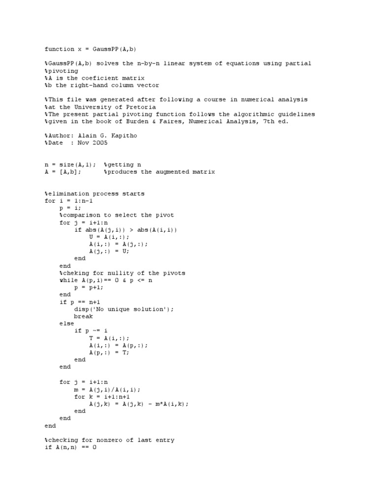 Gaussian Elimination Matlab | PDF