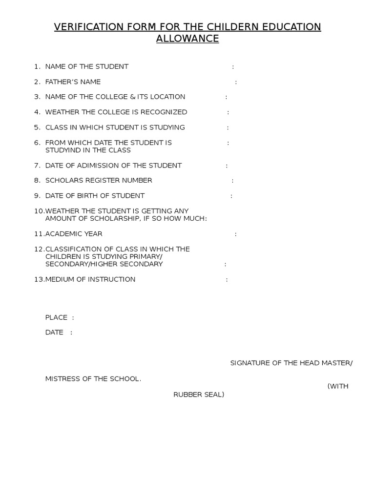 Verification Form For The Childern Education Allowance | PDF | Wellness
