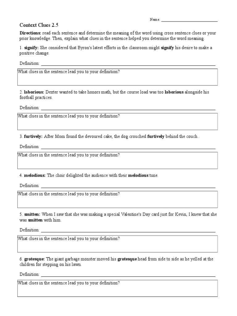 Context Clues Worksheet 2.5 | PDF | Cognition | Teaching And Learning
