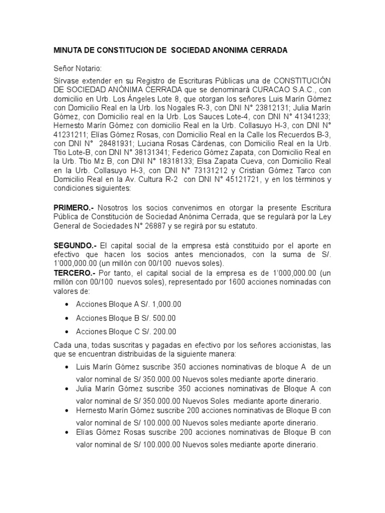 Minuta de Constitucion de Sociedad Anonima Cerrada | Liquidación | Dividendo