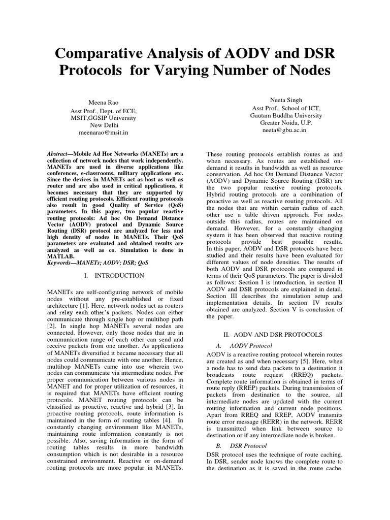 Comparative Analysis Of Aodv And Dsr Protocols For Varying Number Of Nodes Pdf Wireless Ad