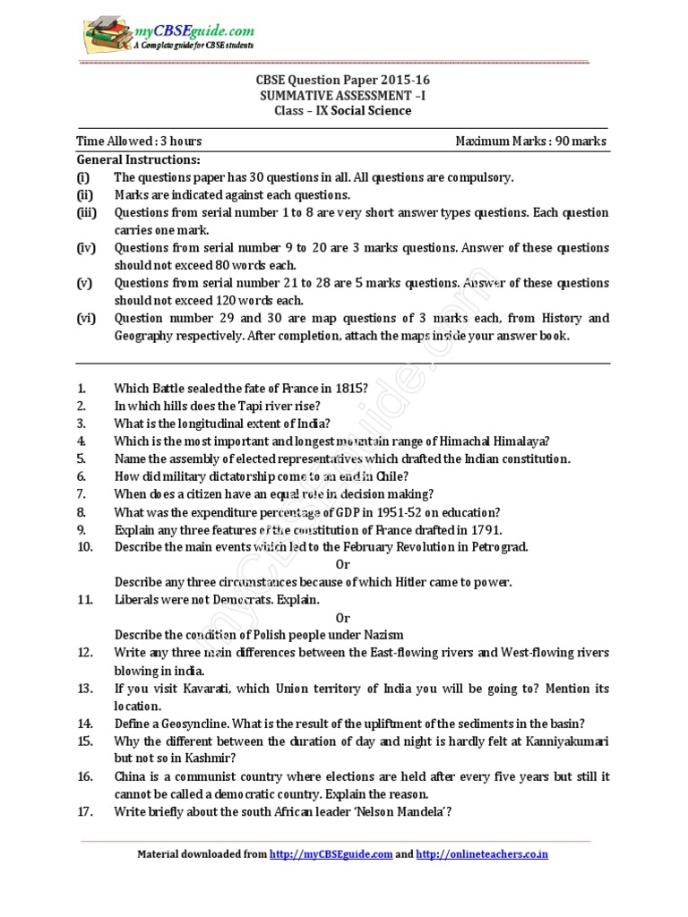 Class 9 SST Summative Assessment Paper | PDF | Political Science ...