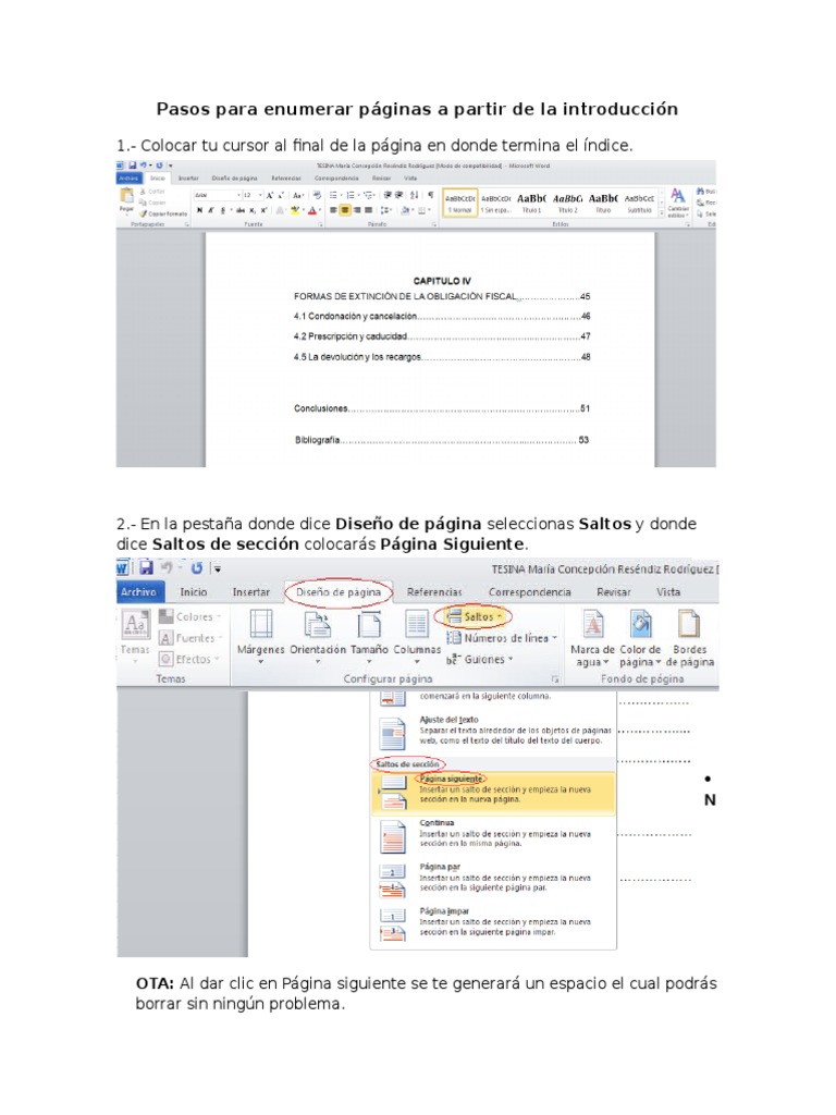 Pasos para Enumerar Páginas Apartir de La Introducción | PDF | Ocio ...