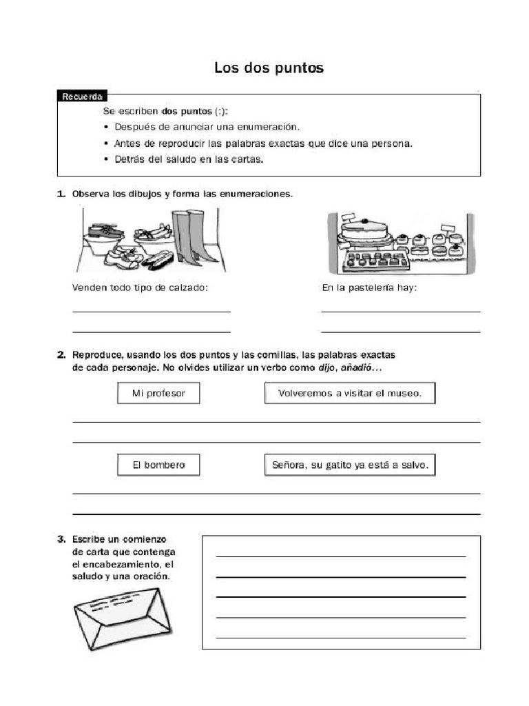 Uso de los dos puntos (:) y puntos suspensivos (...) en oraciones | PDF ...