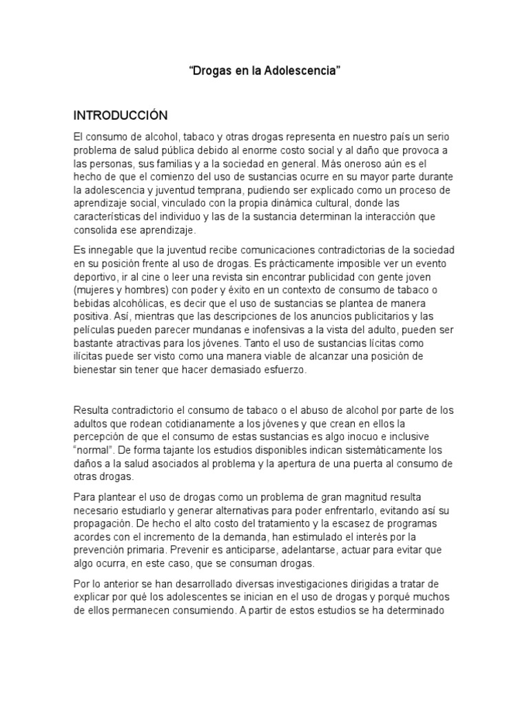 Drogas en La Adolescencia INTRODUCCION | Drogas | Dependencia a sustancias
