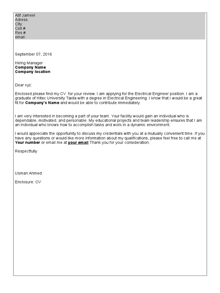 Electrical Engineer Job Application Letter | PDF